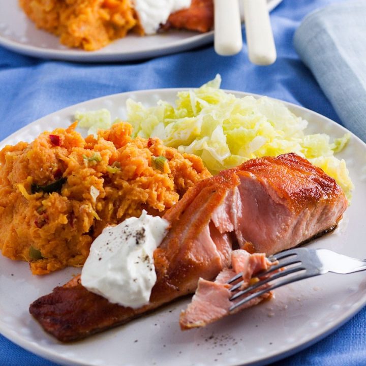 Pan-fried salmon with sweet potato chilli mash | Recipes Made Easy